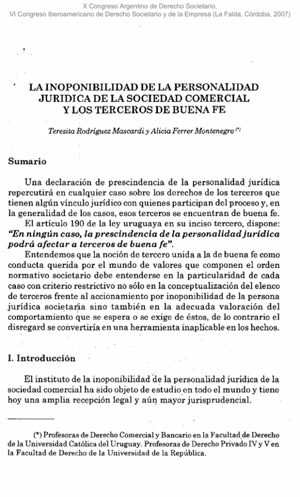 LA INOPONIBILIDAD DE LA PERSONALIDAD JURIDICA