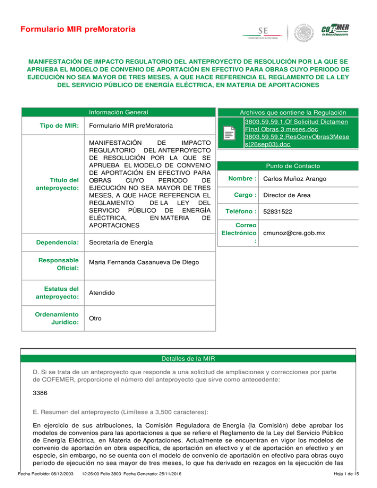 Formulario MIR preMoratoria