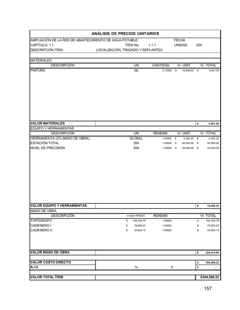 ANÁLISIS DE PRECIOS UNITARIOS