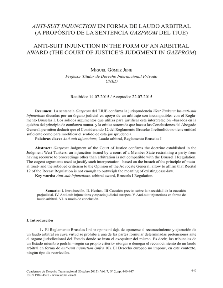Anti-suit injunction en forma de laudo arbitral (a propósito de la