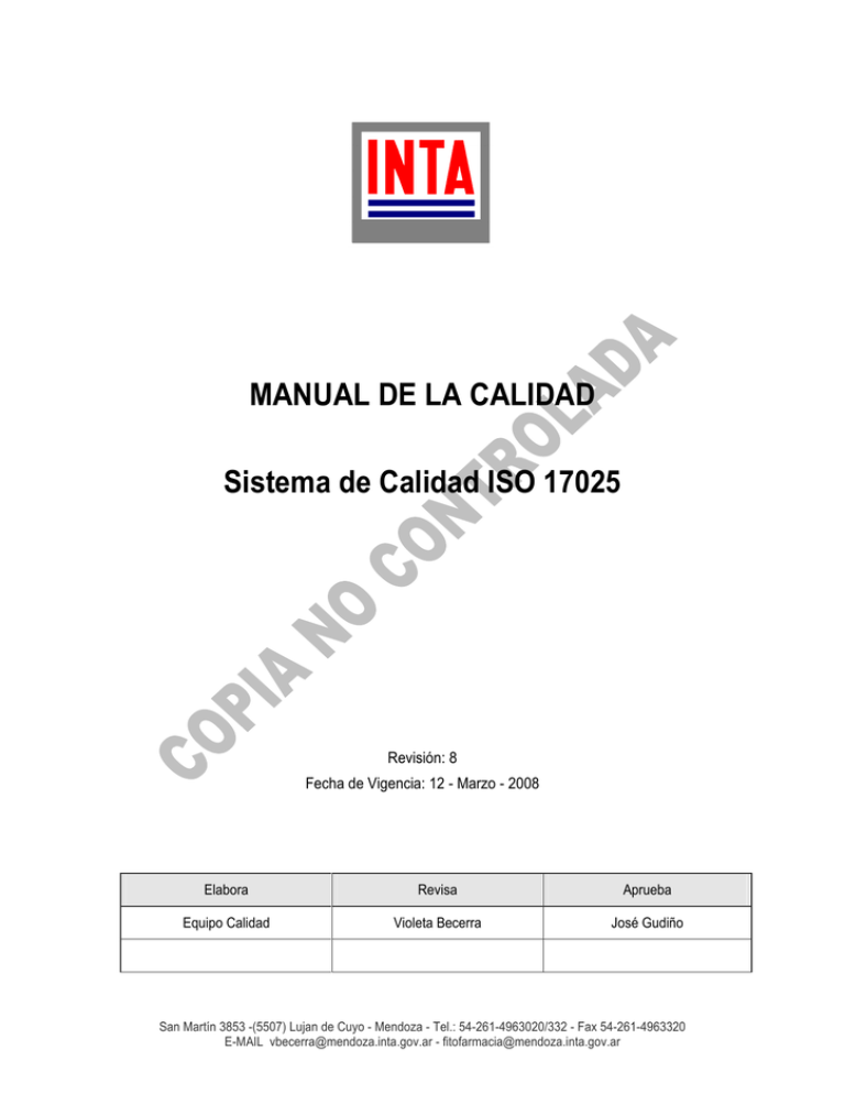 MANUAL DE LA CALIDAD Sistema de Calidad ISO 17025