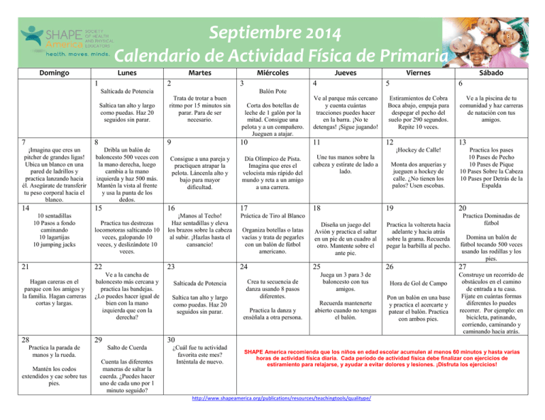 Septiembre 2014 Calendario de Actividad Física