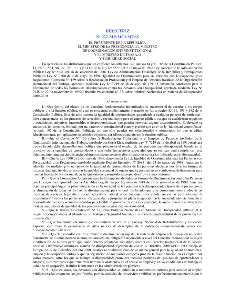 DIRECTRIZ Nº 022-MP-MCI-MTSS