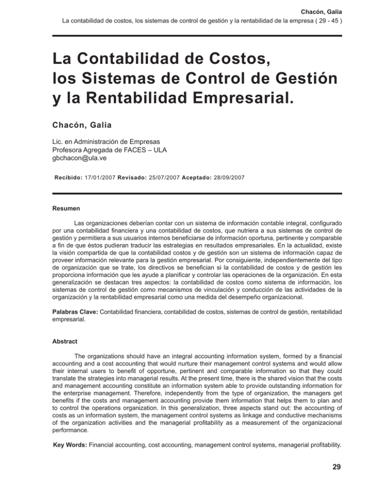 La Contabilidad de Costos, los Sistemas de Control de