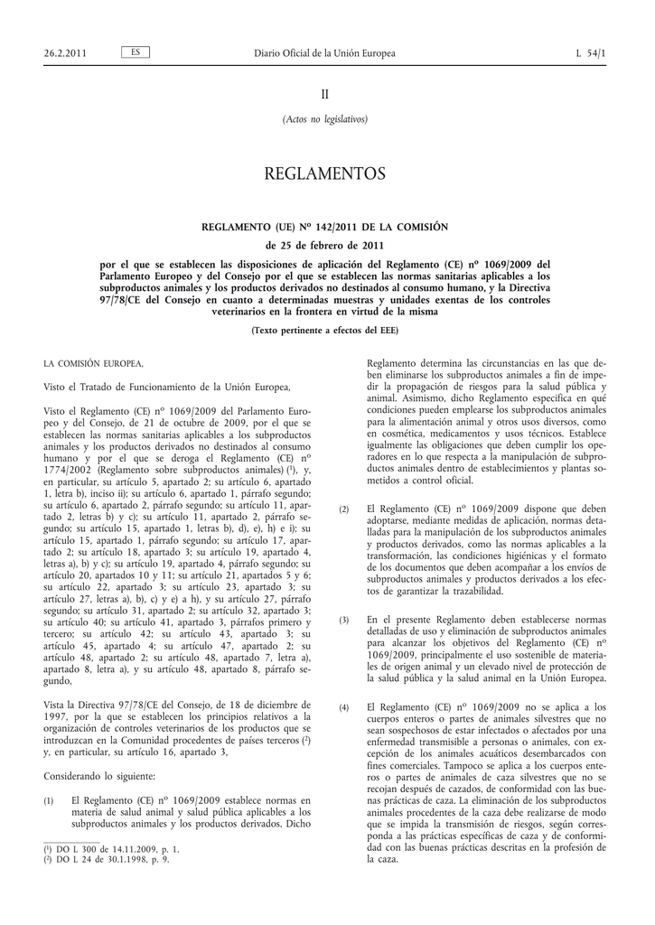 Reglamento (UE) no 142/2011 de la Comisión, de 25 de febrero de
