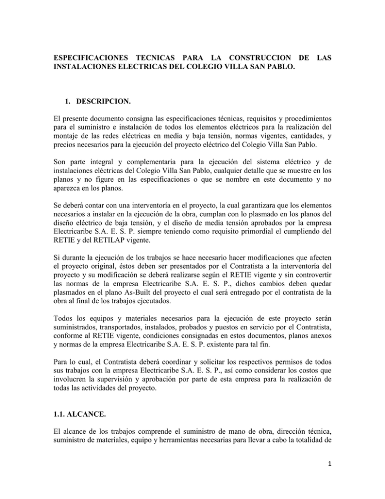 ESPECIFICACIONES TECNICAS PARA LA