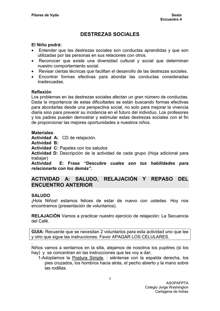 destrezas sociales actividad a: saludo, relajación y repaso del