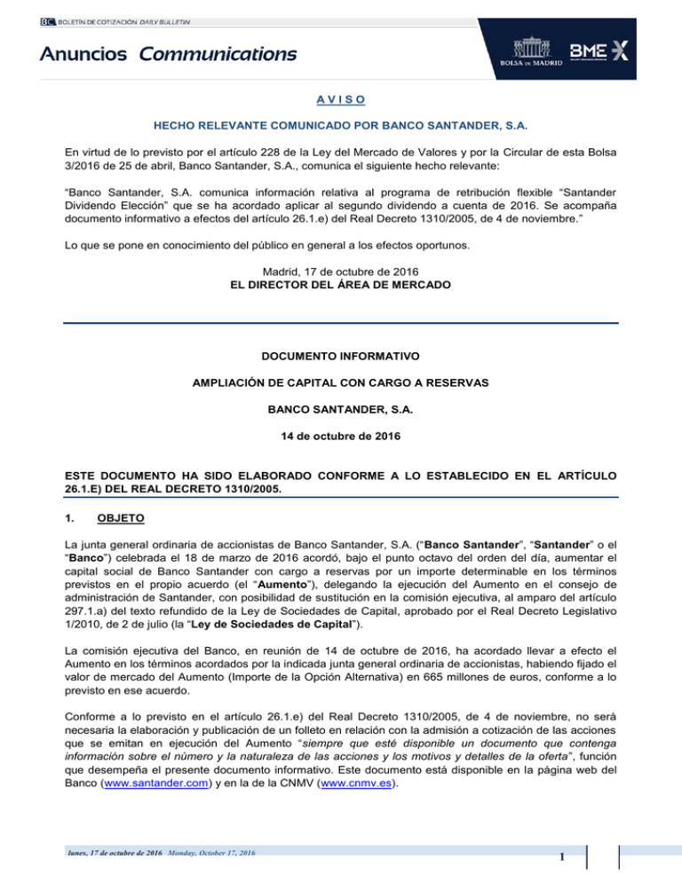 AVISO HECHO RELEVANTE COMUNICADO