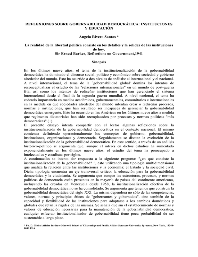 REFLEXIONES SOBRE GOBERNABILIDAD DEMOCRÁTICA