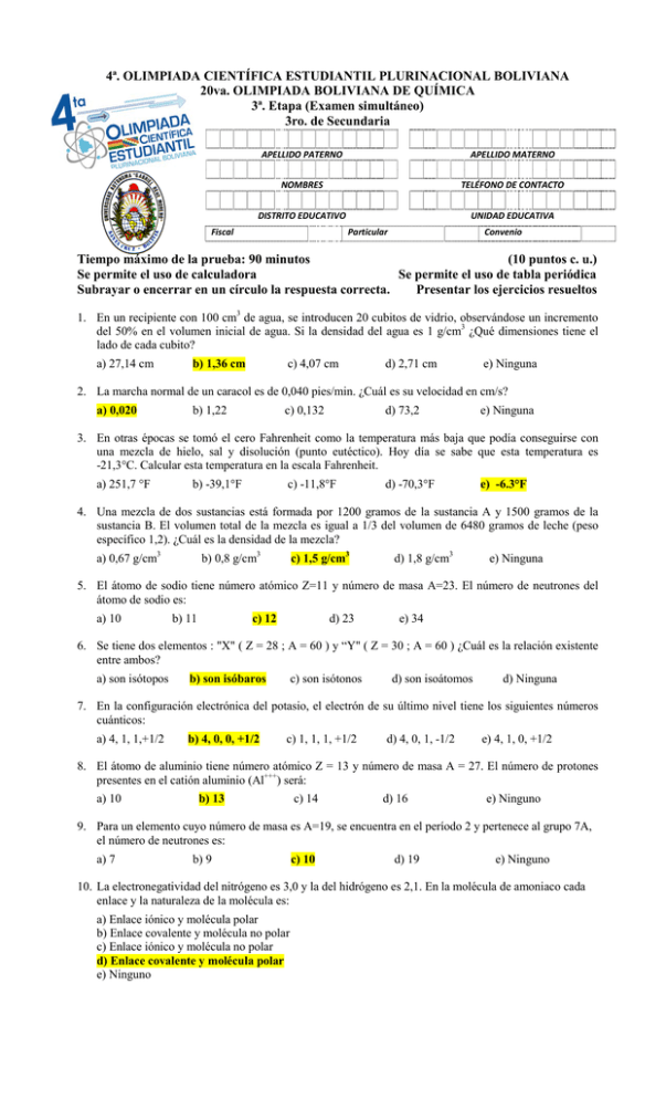 Examen De Qu mica 3a Etapa