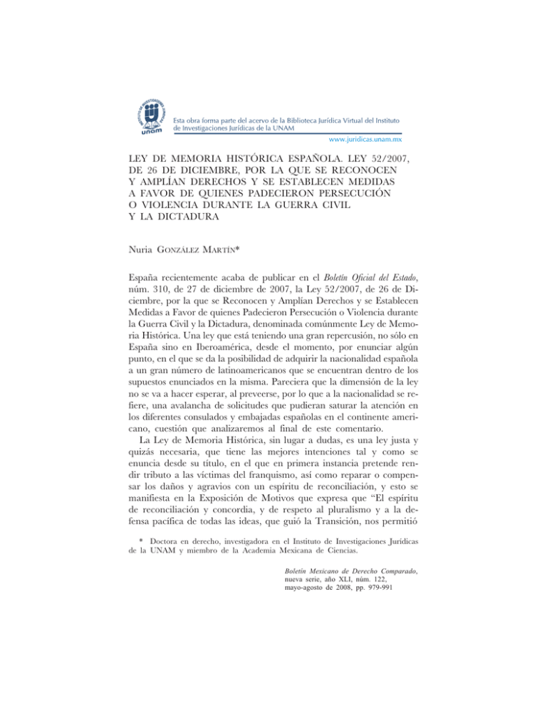 ley de memoria histórica española. ley 52/2007 - E-journal
