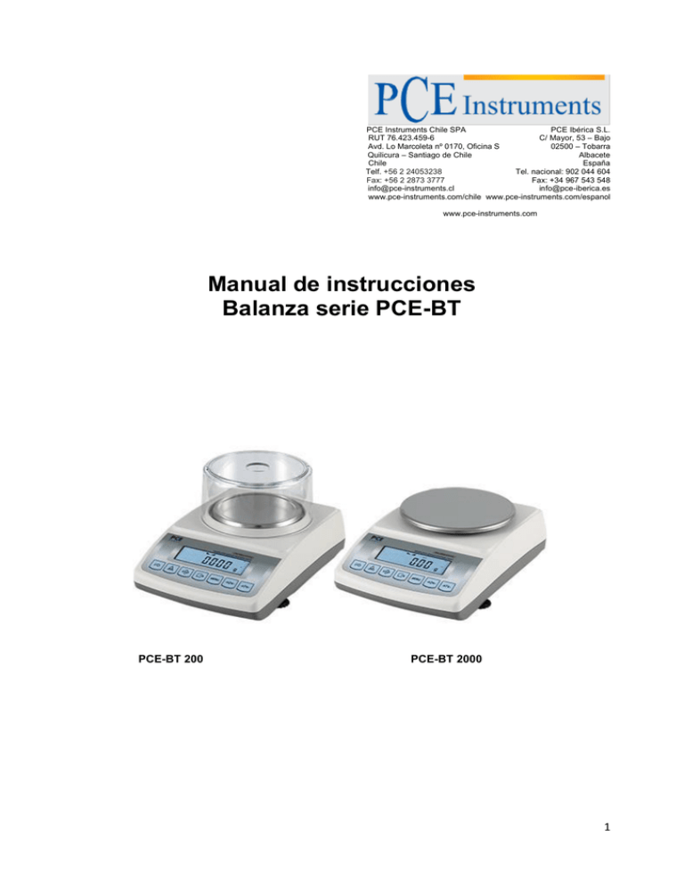 Manual de instrucciones Balanza serie PCE-BT