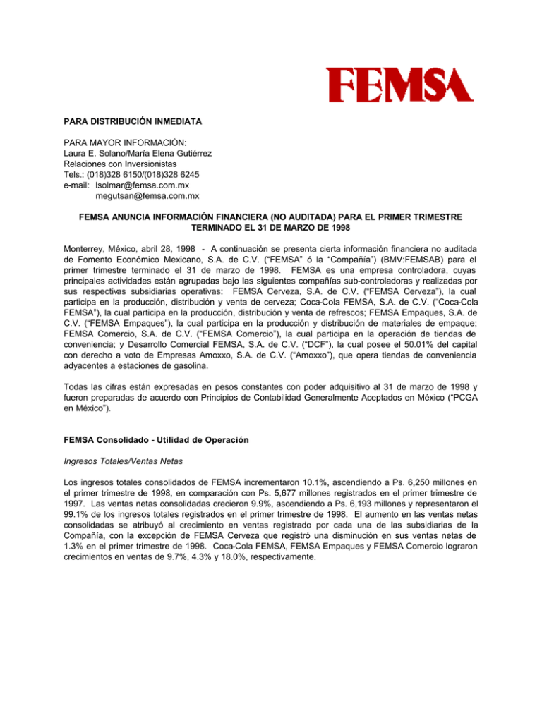 PARA DISTRIBUCIÓN INMEDIATA PARA MAYOR INFORMACIÓN