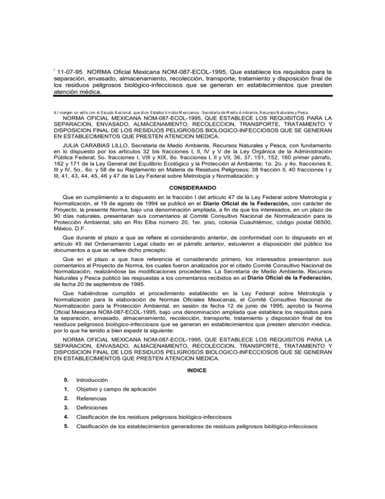 11-07-95 NORMA Oficial Mexicana NOM-087-ECOL