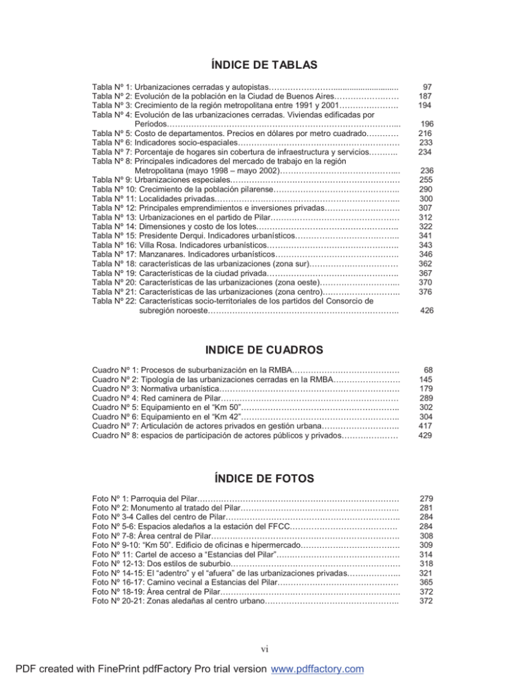 ÍNDICE DE TABLAS INDICE DE CUADROS ÍNDICE DE FOTOS