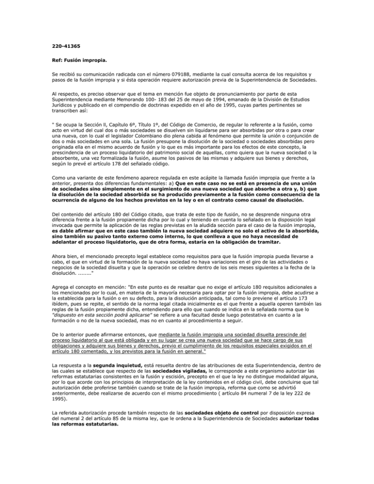 220-41365 Ref: Fusión impropia. Se recibió su comunicación