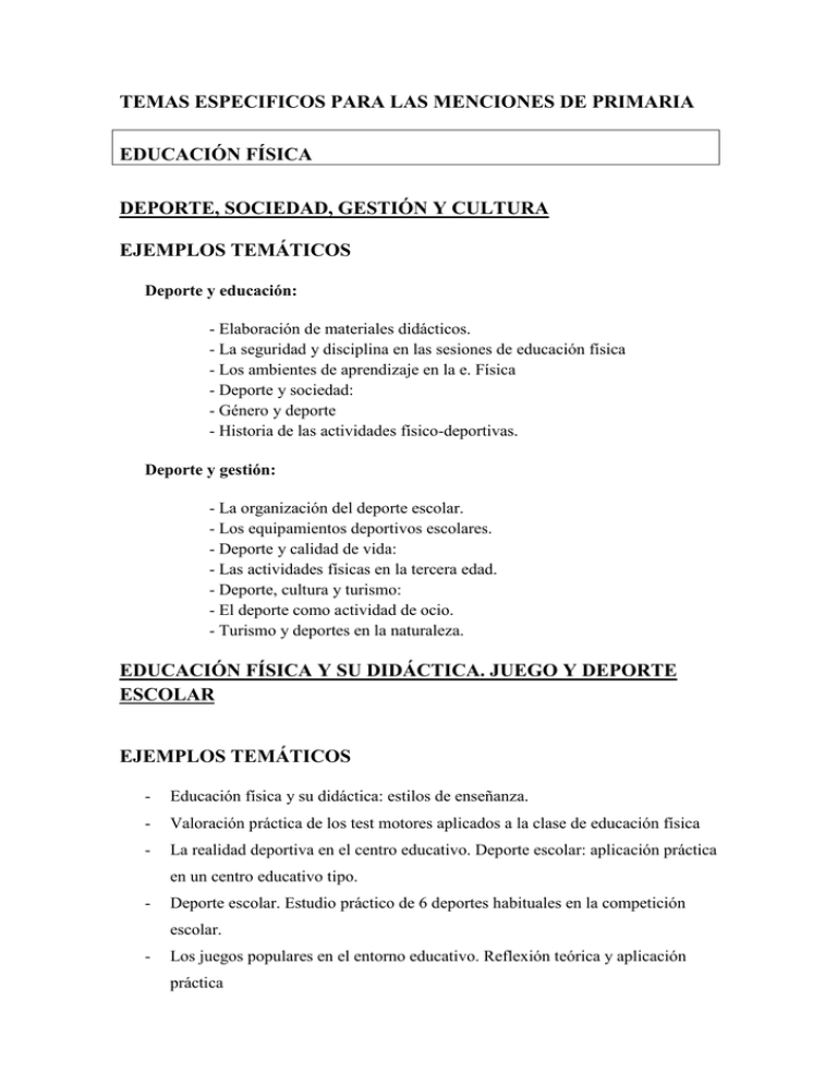 temas especificos para las menciones de primaria educación física