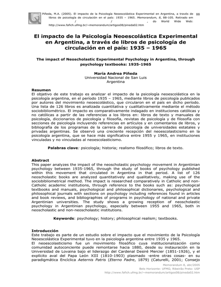 El impacto de la Psicología Neoescolástica Experimental en