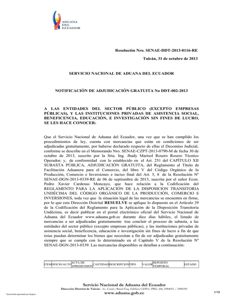 Servicio Nacional de Aduana del Ecuador www.aduana.gob.ec