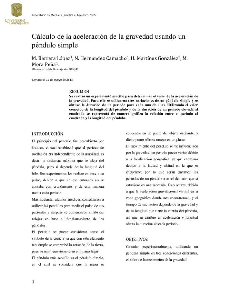 Cálculo de la aceleración de la gravedad usando un péndulo simple