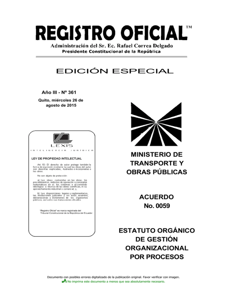 EDICIÓN ESPECIAL MINISTERIO DE TRANSPORTE Y OBRAS