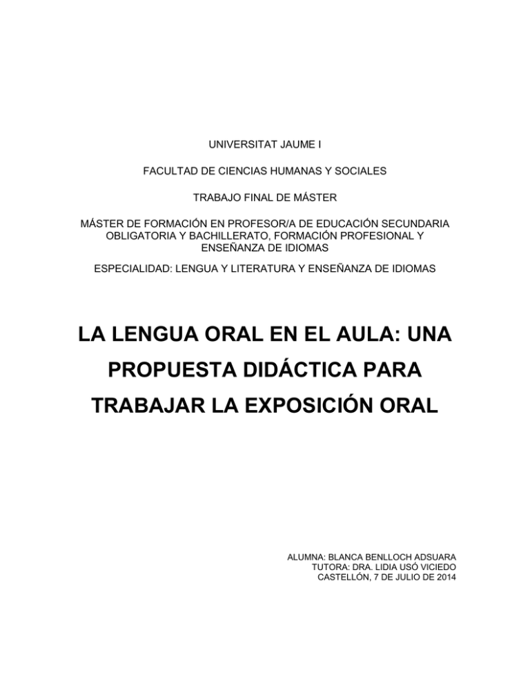 LA LENGUA ORAL EN EL AULA: UNA PROPUESTA DIDÁCTICA