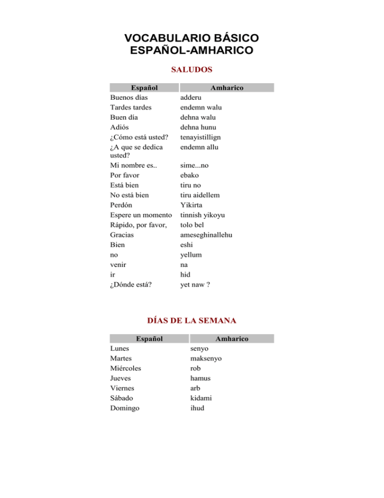 VOCABULARIO BÁSICO ESPAÑOL