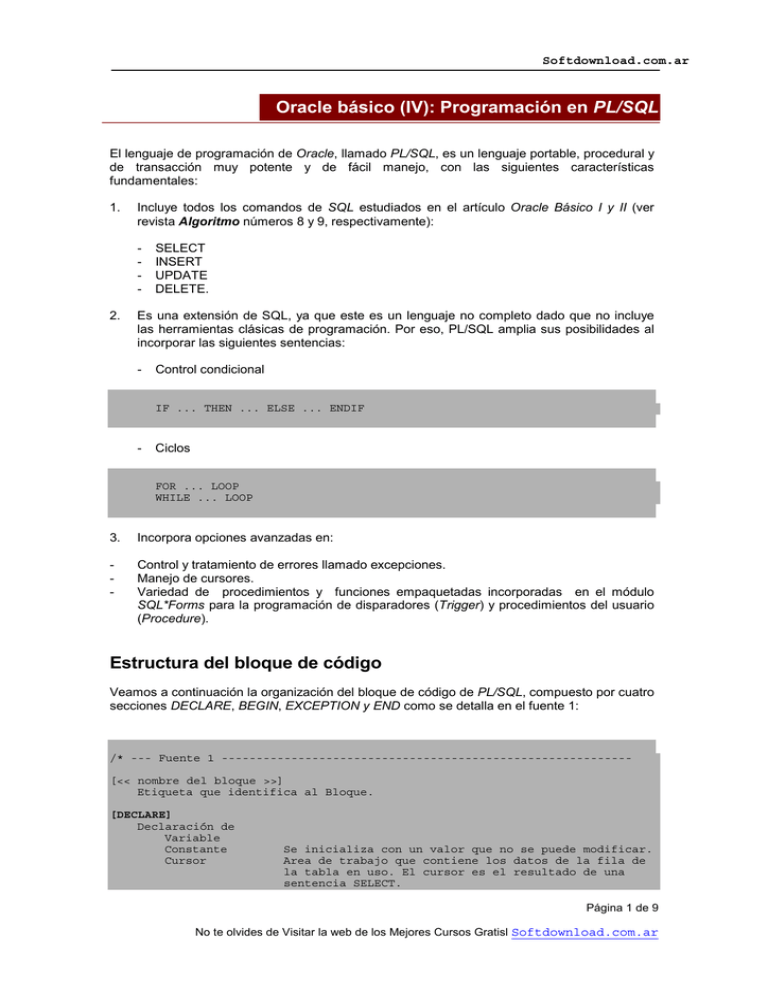 Oracle básico (IV): Programación en PL/SQL - Proyecto