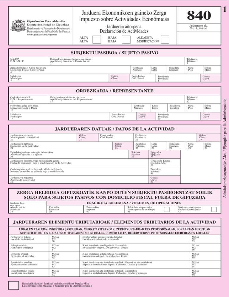 Modelo 840: Impuesto sobre Actividades Económicas Declaración