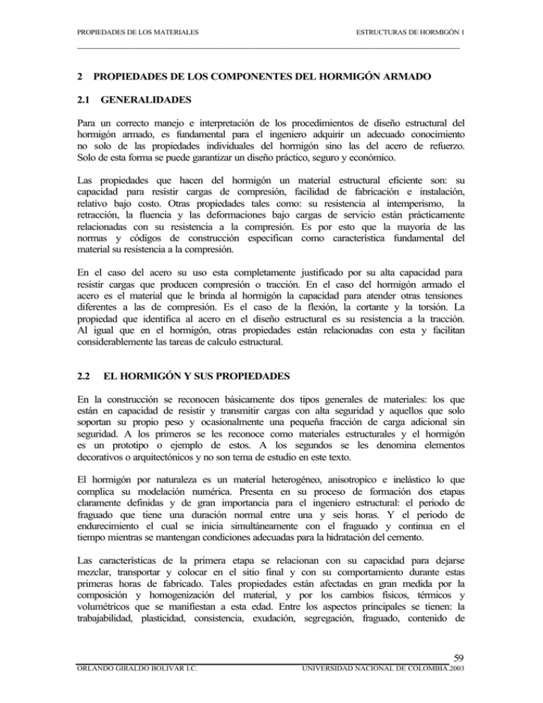 Propiedades de los Componentes del Hormigón Armado