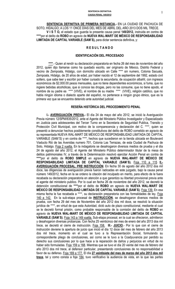 1 sentencia definitiva de primera instancia.