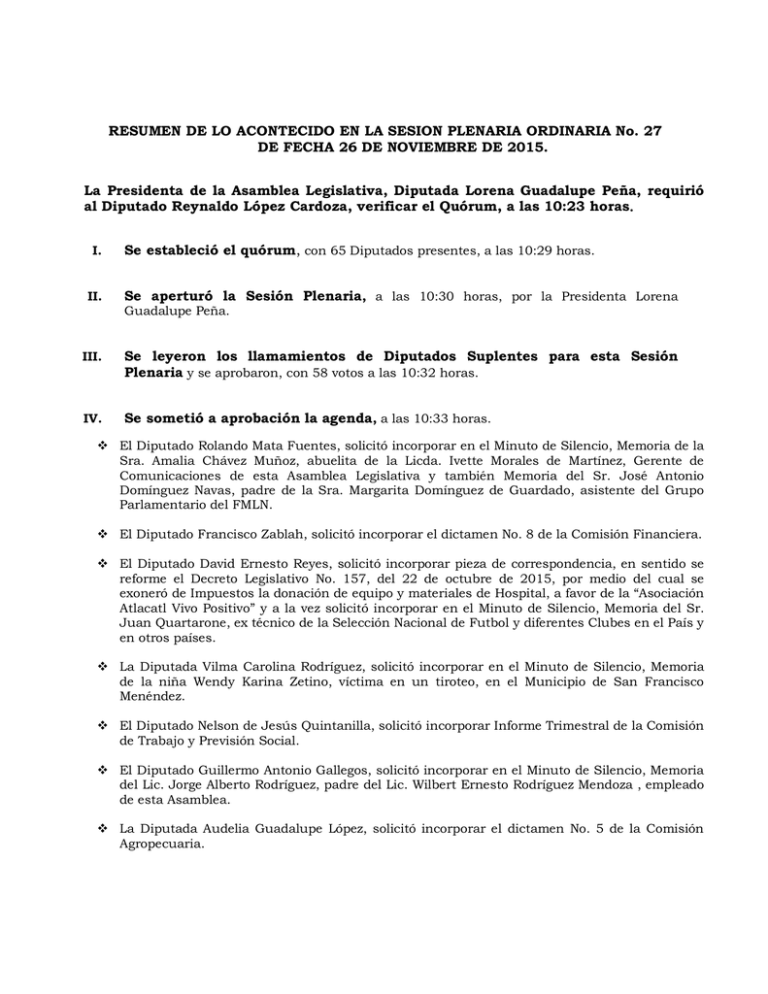 RESUMEN DE LO ACONTECIDO EN LA SESION PLENARIA