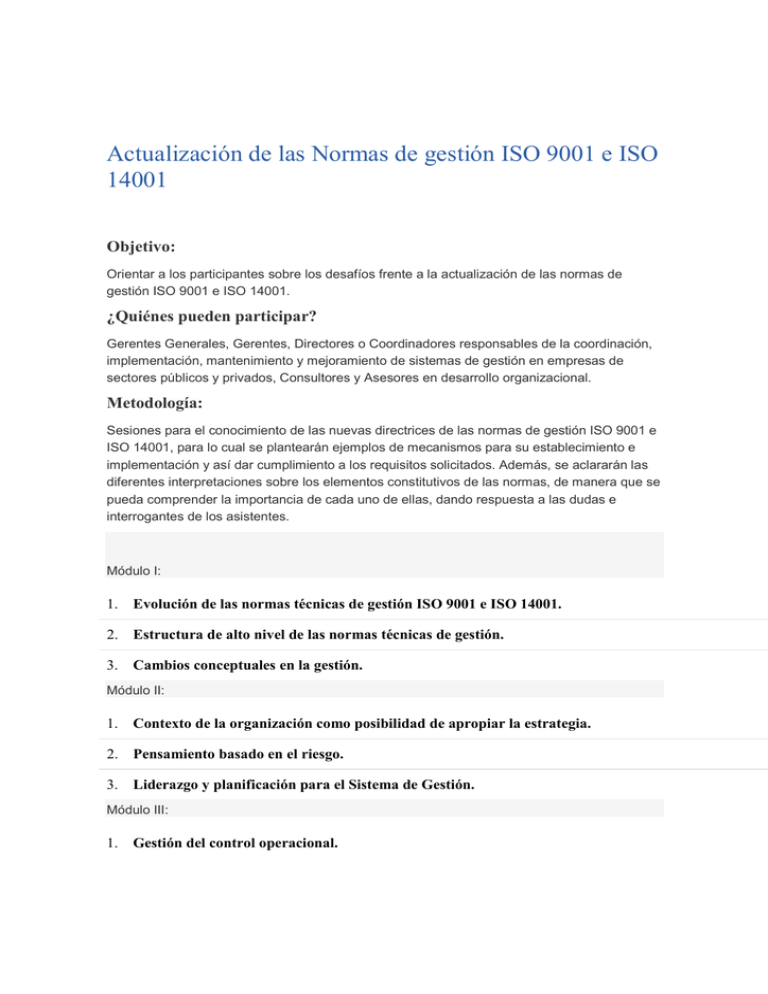 Actualización de las Normas de gestión ISO 9001 e ISO 14001