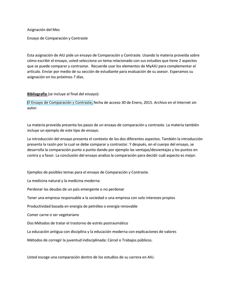 Asignación del Mes Ensayo de Comparación y Contraste Esta