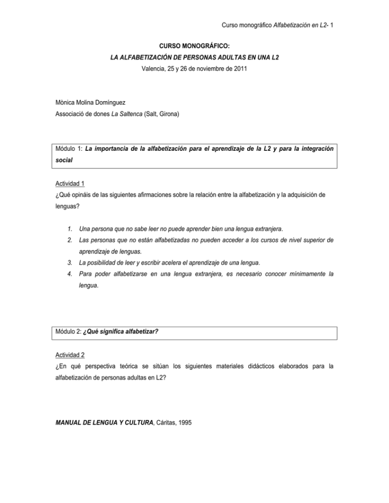 La alfabetización de personas adultas en una L2