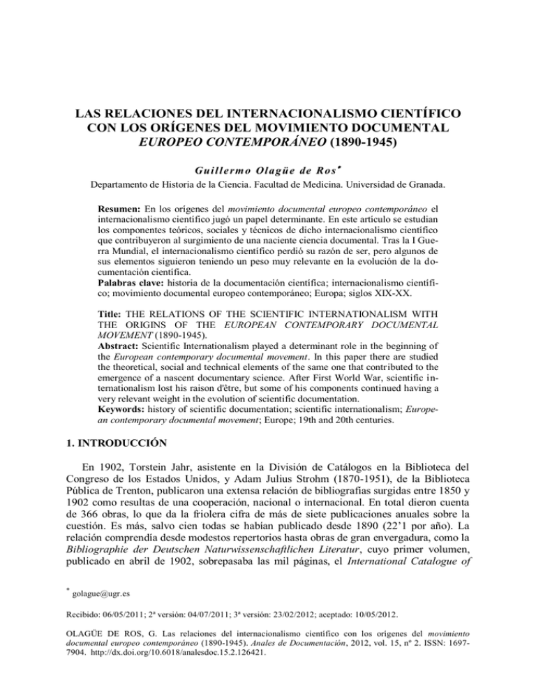 las relaciones del internacionalismo científico con los orígenes del