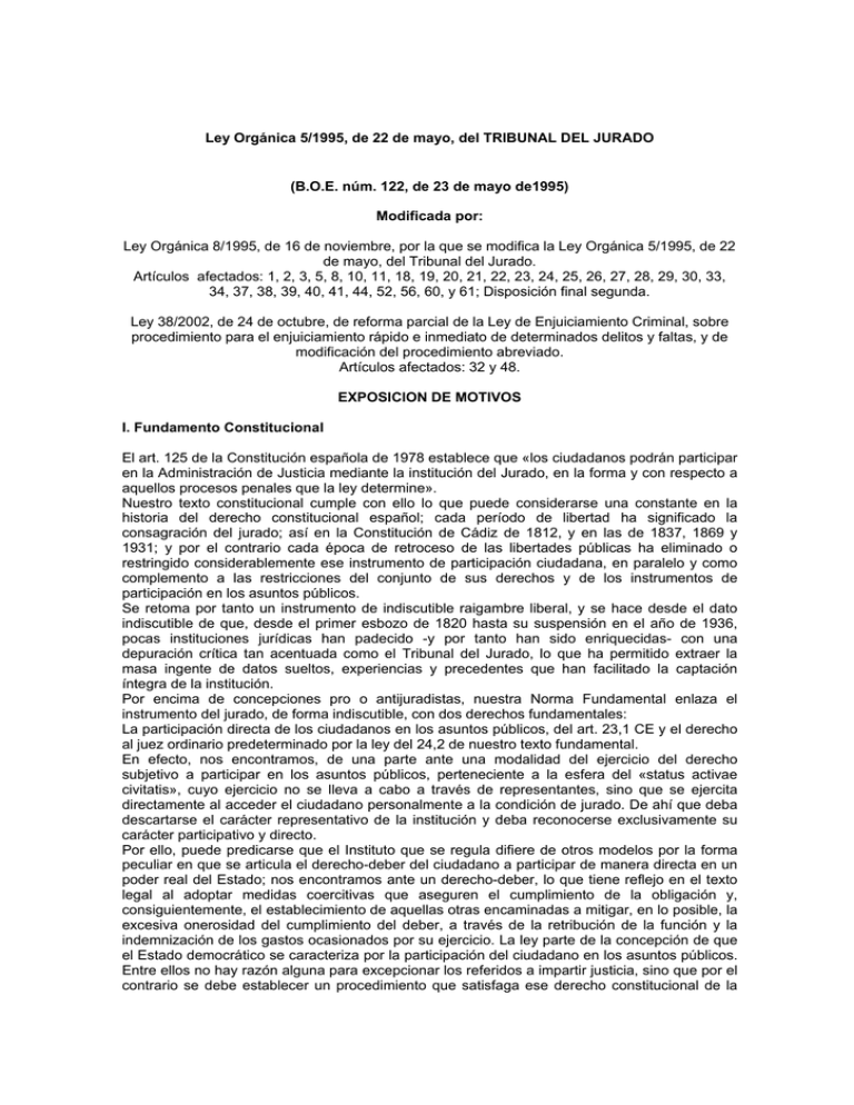 Ley Orgánica 5 1995 De 22 De Mayo Del Tribunal Del Jurado
