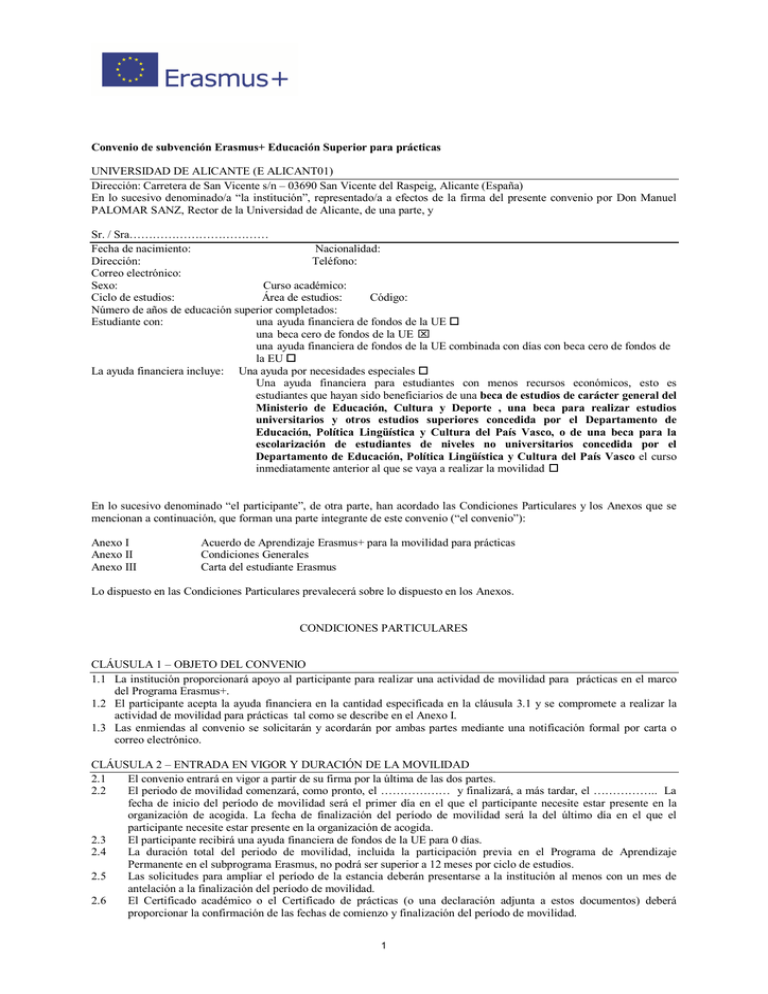 Convenio de subvención Erasmus+ Educación Superior para