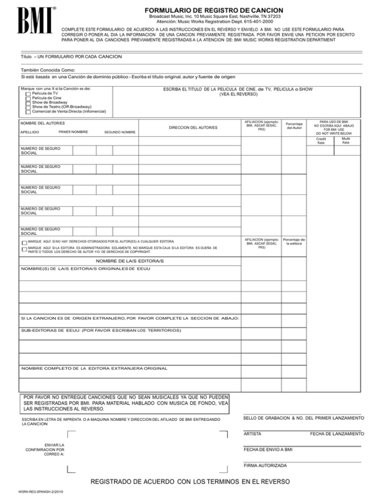Musical Work Registration Form, Spanish