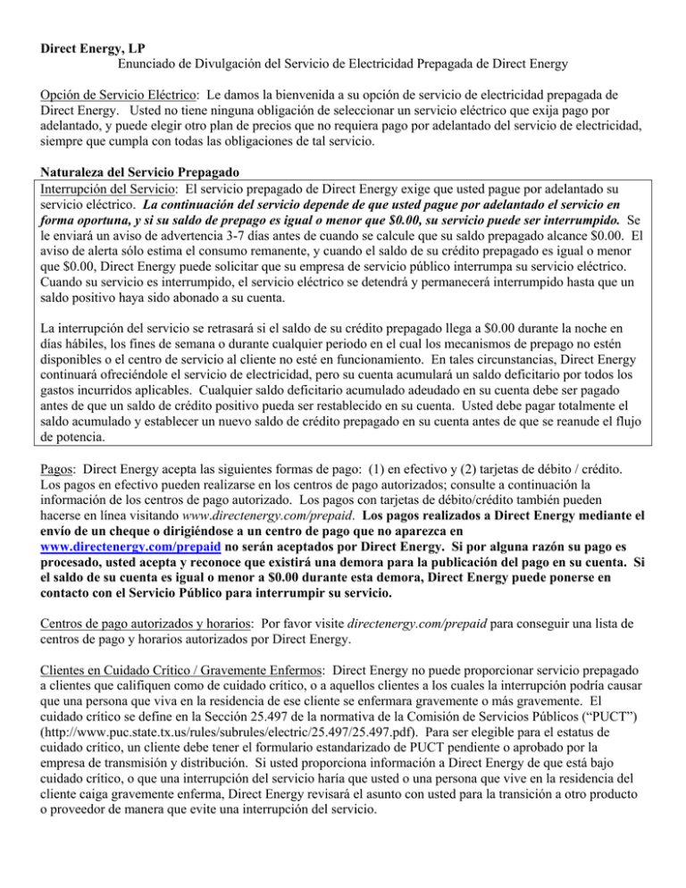 Prepay Electricity Disclosure Statement