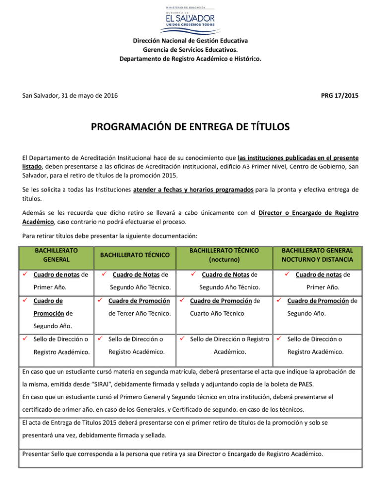 programación de entrega de títulos