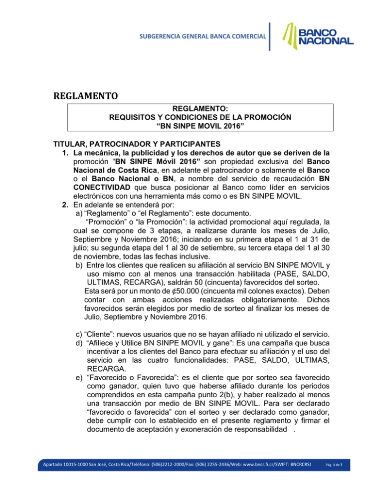 Reglamento:Promoción BN SINPE Móvil 2016