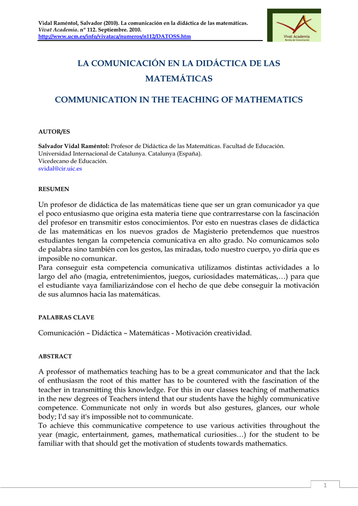 LA COMUNICACIÓN EN LA DIDÁCTICA DE LAS MATEMÁTICAS