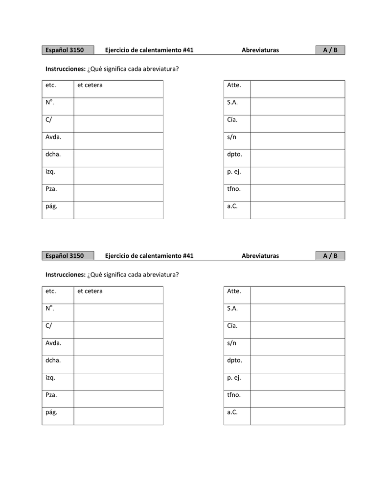 Español 3150 Ejercicio de calentamiento #41 Abreviaturas A / B