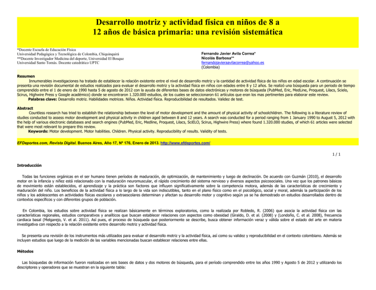 Desarrollo motriz y actividad física en niños de 8 a 12
