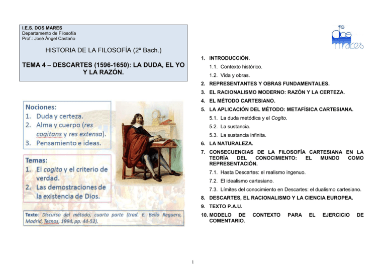 HISTORIA DE LA FILOSOFÍA (2º Bach.) TEMA 4 – DESCARTES