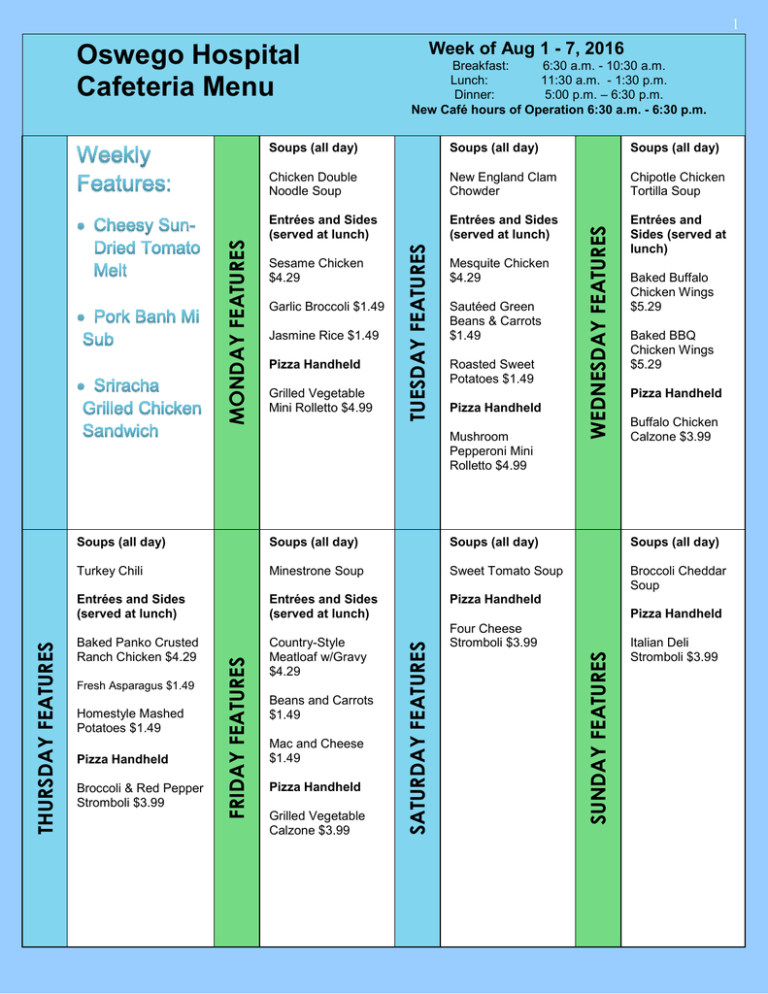 Oswego Hospital Cafeteria Menu