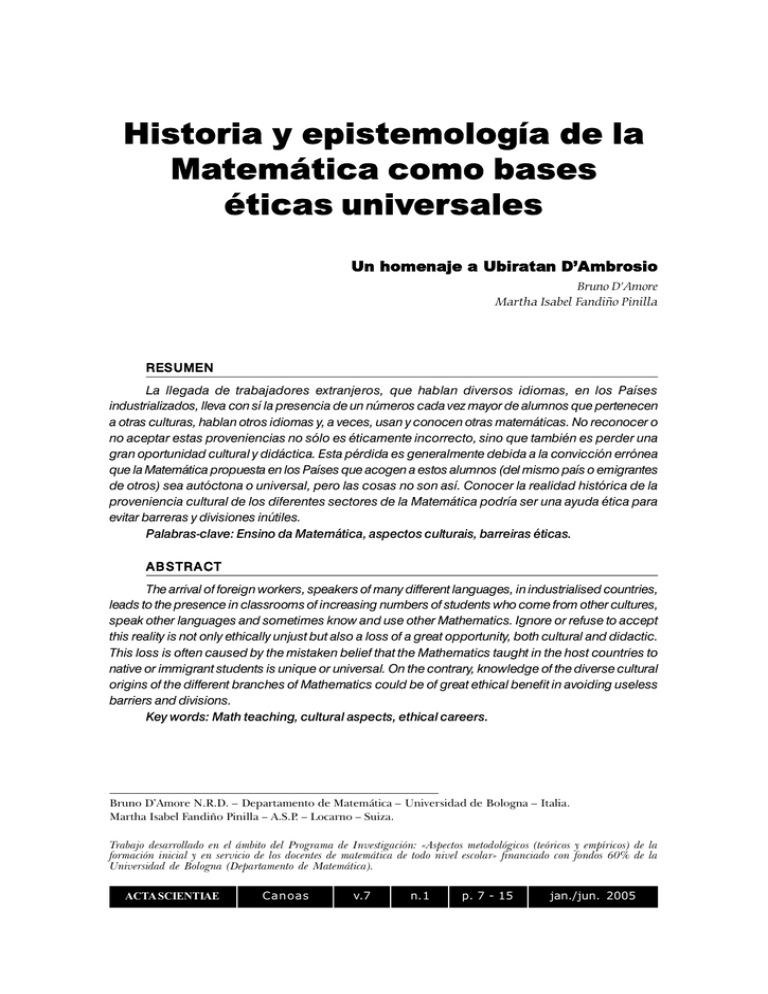 Historia y epistemología de la Matemática como bases éticas
