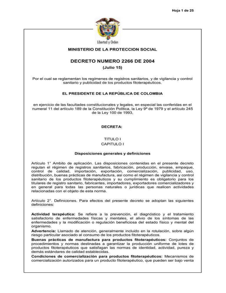 Decreto 2266 De 2004 Ministerio De Salud Y Protección Social