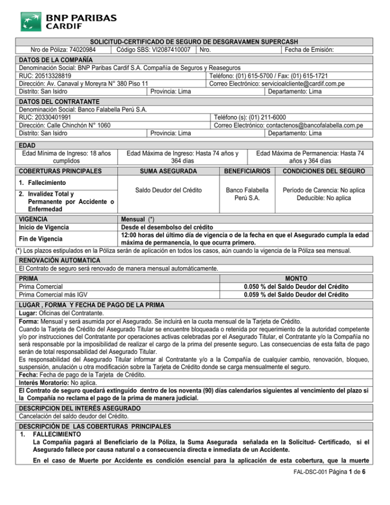 Certificado de Seguro de Desgravamen CARDIF